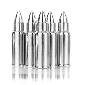 Bullet Whiskey Chillers Stones - 1.75in Whiskey Rocks by The Wine Savant Set of 6 - Stainless Steel Bullet Shaped Ice Cubes, Gift Box Come, Tongs and Storage Bag, Whiskey or Scotch Rocks (Silver)