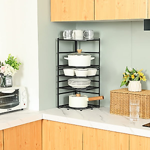 LUMAMU 2 Pack Stackable Corner Shelf Stand, Height Adjustable Cabinet Corner Rack, Countertop Shelf Organizers for Plates, Dishes, Cabinet & Pantry Kitchen Organization, Black