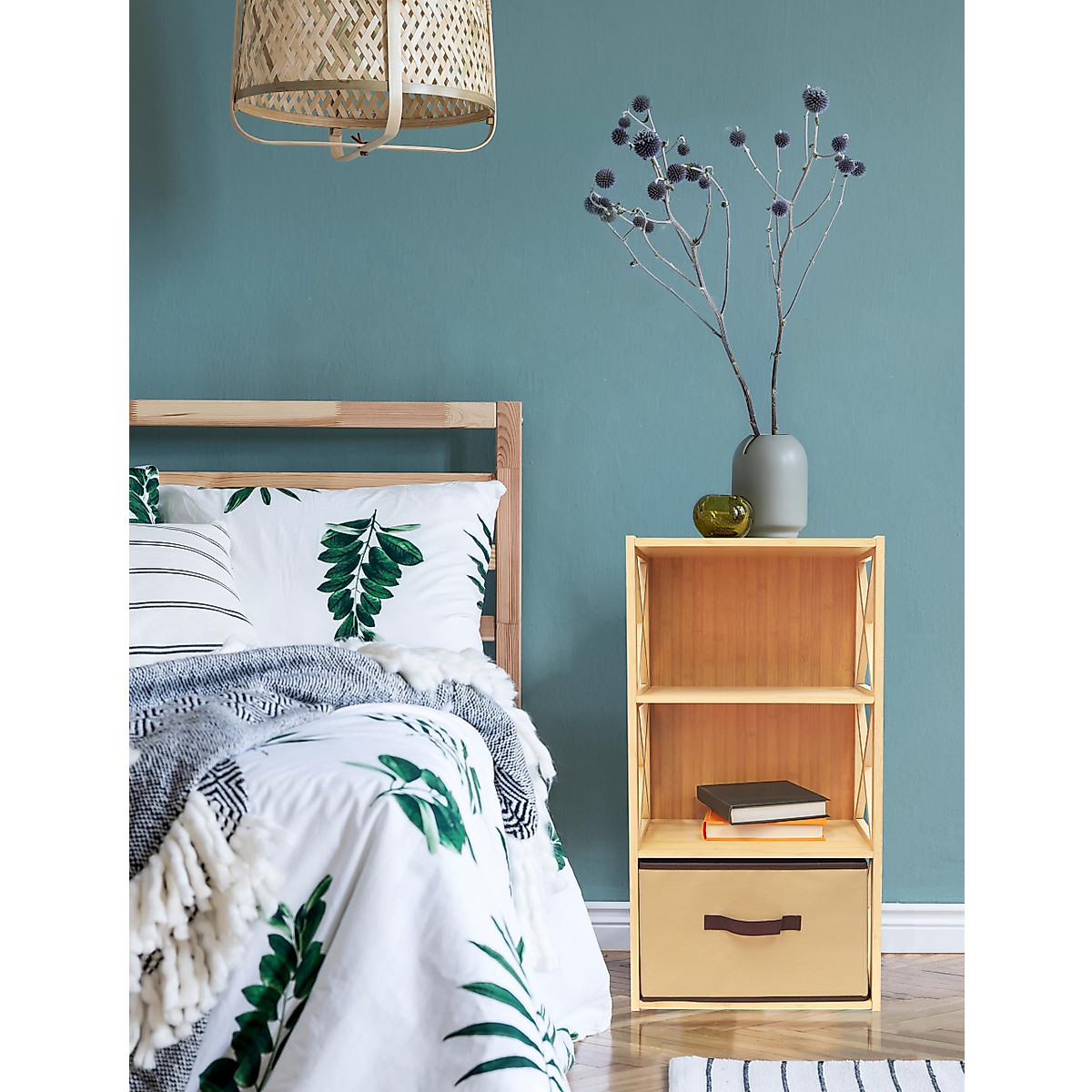 RoyalHouse Bamboo Storage Cabinet with Basket, 3-Tier Open Shelf, Cabinet for Bathroom, Living Room, Bedroom, Kitchen,Office