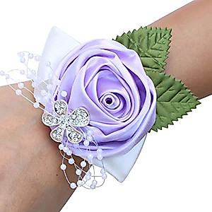 6piece Wrist Corsages Flower with Pearl Beads Diamond Satin Rose Elastic Band Wrist Bracelet Flowers Wedding Party Item (Lilac)