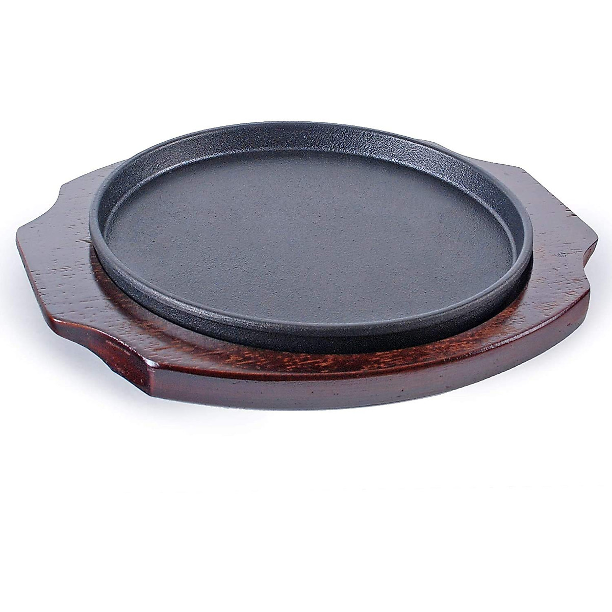 Happy Sales HSGRD-RND95, Large Cast Iron Steak Plate Sizzle Griddle with Wooden Base Steak Pan Grill Fajita Server Plate Household use or Restaurant Supply, 9.5" Diameter
