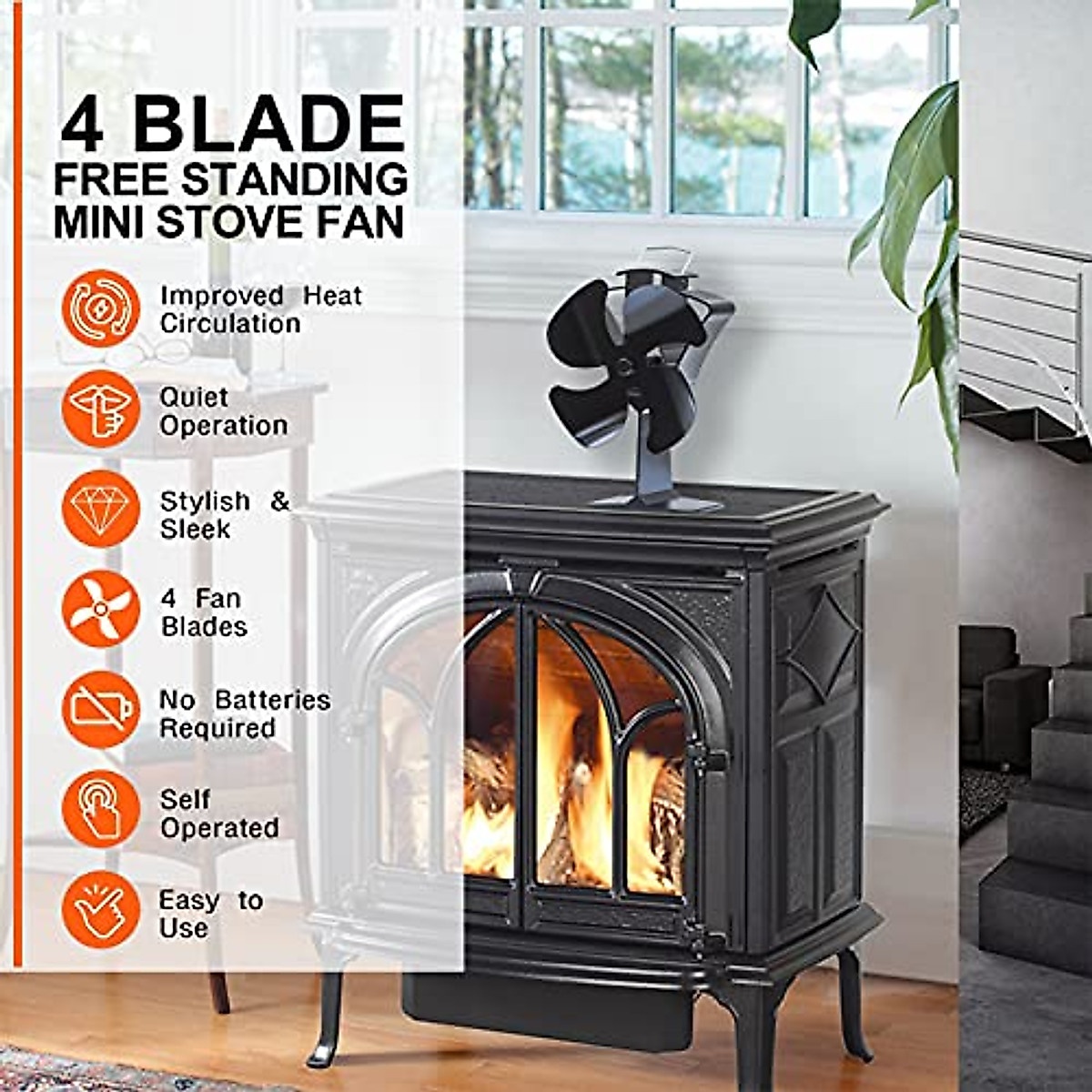 HAWCAFU Wood Stove Fan 4 Blades Fireplace Fan Heat Stove Fan Pellet Stove Fan for Fireplace/Burner/Logs/Fireplace