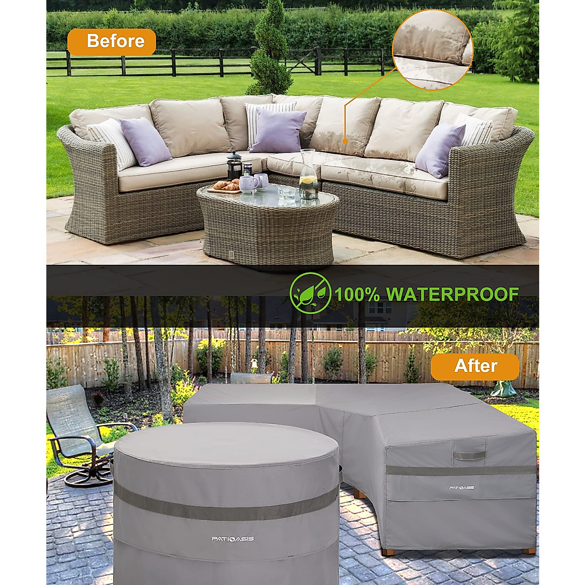 PATIOASIS Grey Outdoor V-Shaped Sofa Cover 102''L x 102''W x 35.5''D x 31/26''H Waterproof Sectional V Shape Patio Furniture Cover All Weather Proof