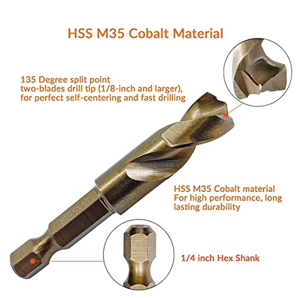 NordWolf 5-Piece M35 Cobalt Stubby Drill Bit Set for Stainless Steel & Hard Metals, with 1/4" Hex Shank for Quick Chucks & Impact Drivers, SAE Sizes 5/32"-13/64"-9/32"-11/32"-3/8" in Storage Box