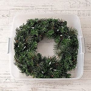 IRIS USA 33 Qt. Holiday Wreath Storage Container Box with Lid, 3-pack, Stackable Under Bed Storage Organizer Bin with Latching Buckles for 20" Wreaths Festive Holiday Decorations Garlands, Clear/Red