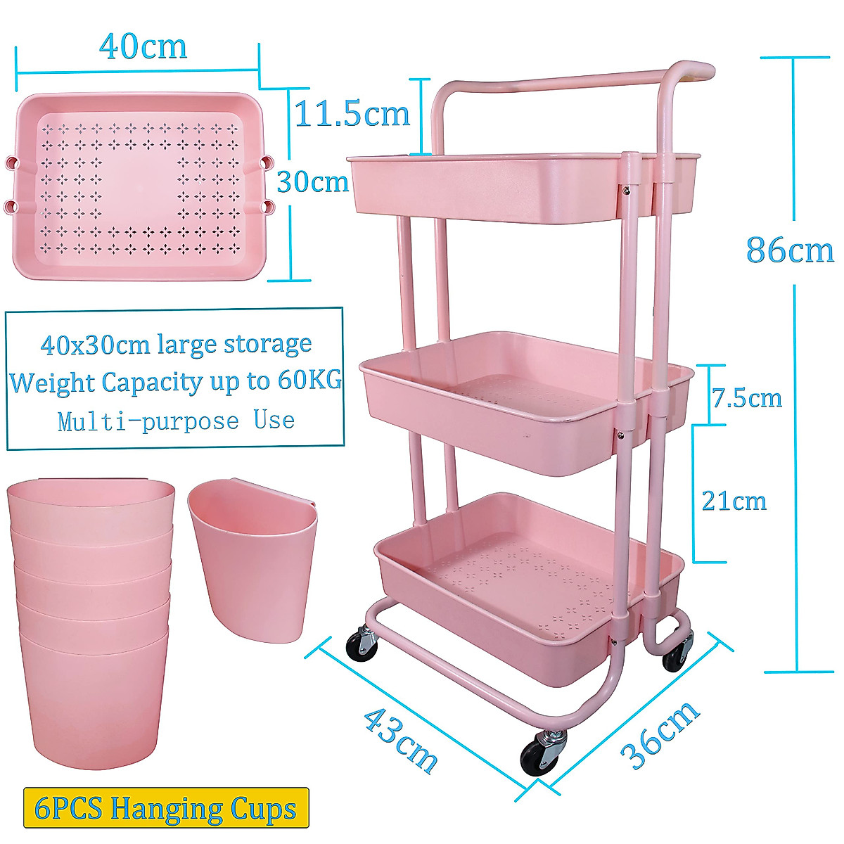 Piowio 3 Tier Utility Storage Cart Rolling Cart Organizer Shelf with 6PCS Hanging Cups for Home Kitchen Office Storage (Pink)