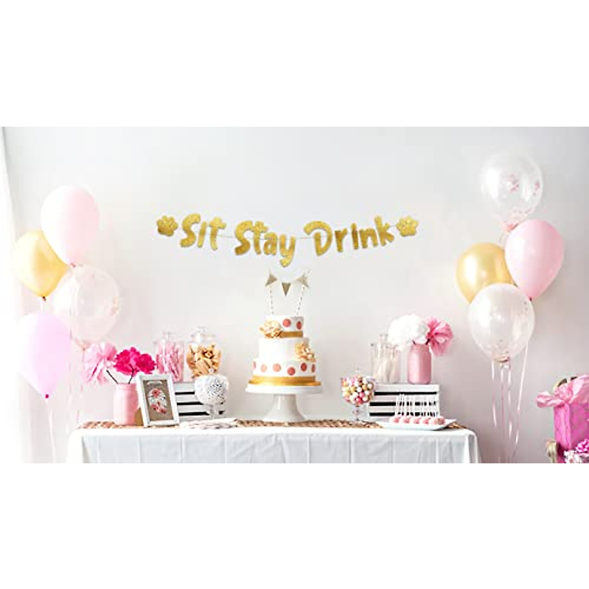 Sit Stay Drink Gold Glitter Banner – Dog Birthday Banner and Decorations – Funny Puppy Birthday Party Supplies and Gifts