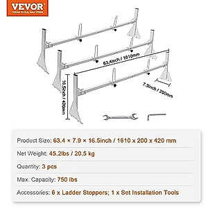 VEVOR Van Roof Ladder Rack, 56.3-61.4" Adjustable Van Racks, 750 lbs Capacity Alloy Steel Roof Racks with Ladder Stoppers, Rain Gutter Racks Compatible with Full-Size Vans, 3 Pcs
