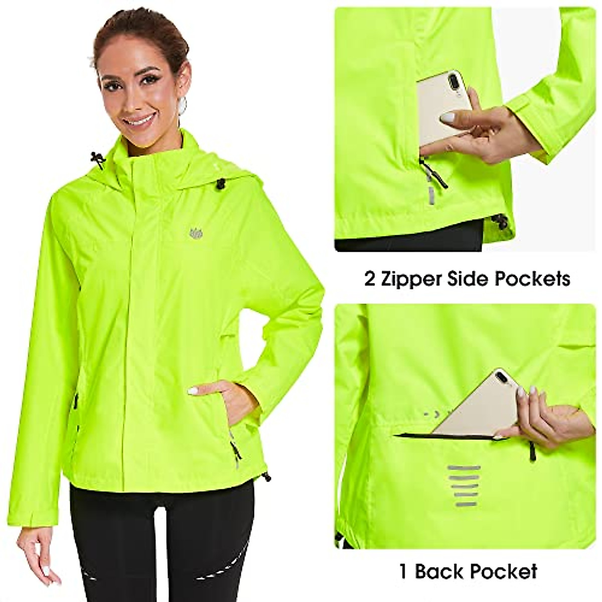 FitsT4 Sports Women's Waterproof Cycling Running Jackets Mesh Lined Rain Jacket Lightweight Bike Windbreaker with Hood Fluorescent Yellow Size S