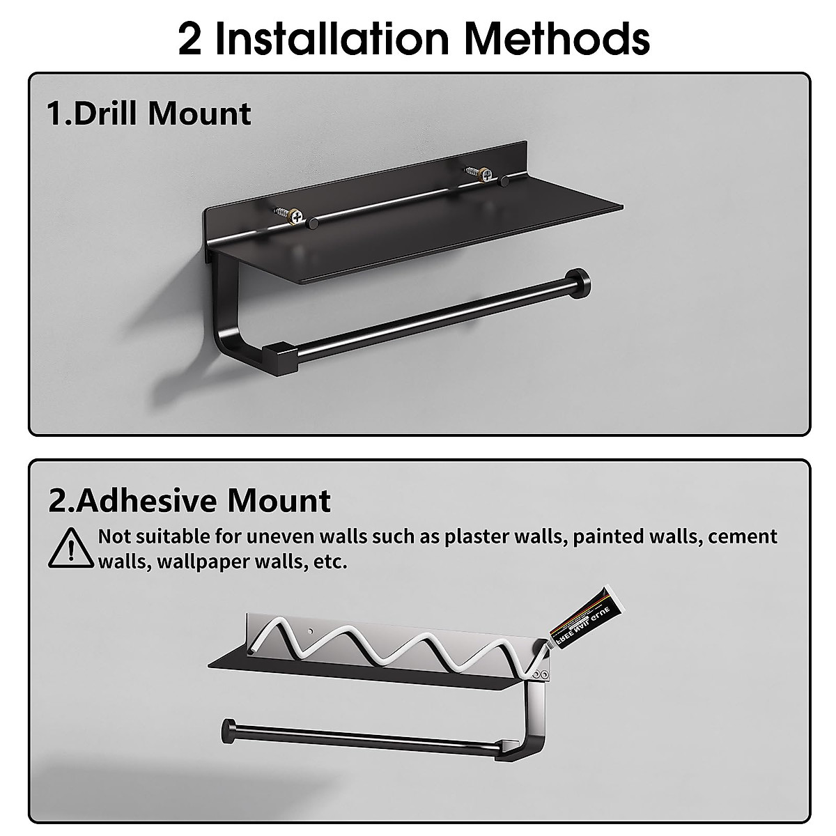 Danpoo Black Paper Towel Holder Wall Mount for Kitchen, Bathroom Paper Towel Holder with Shelf, Aluminum(Matte Black)