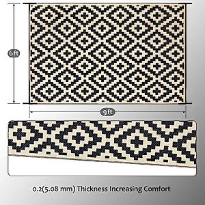 SAND MINE Reversible Mats, Plastic Straw Rug, Modern Area Rug, Large Floor Mat and Rug for Outdoors, RV, Patio, Backyard, Deck, Picnic, Beach, Trailer, Camping, Black & Beige, 6' x 9'