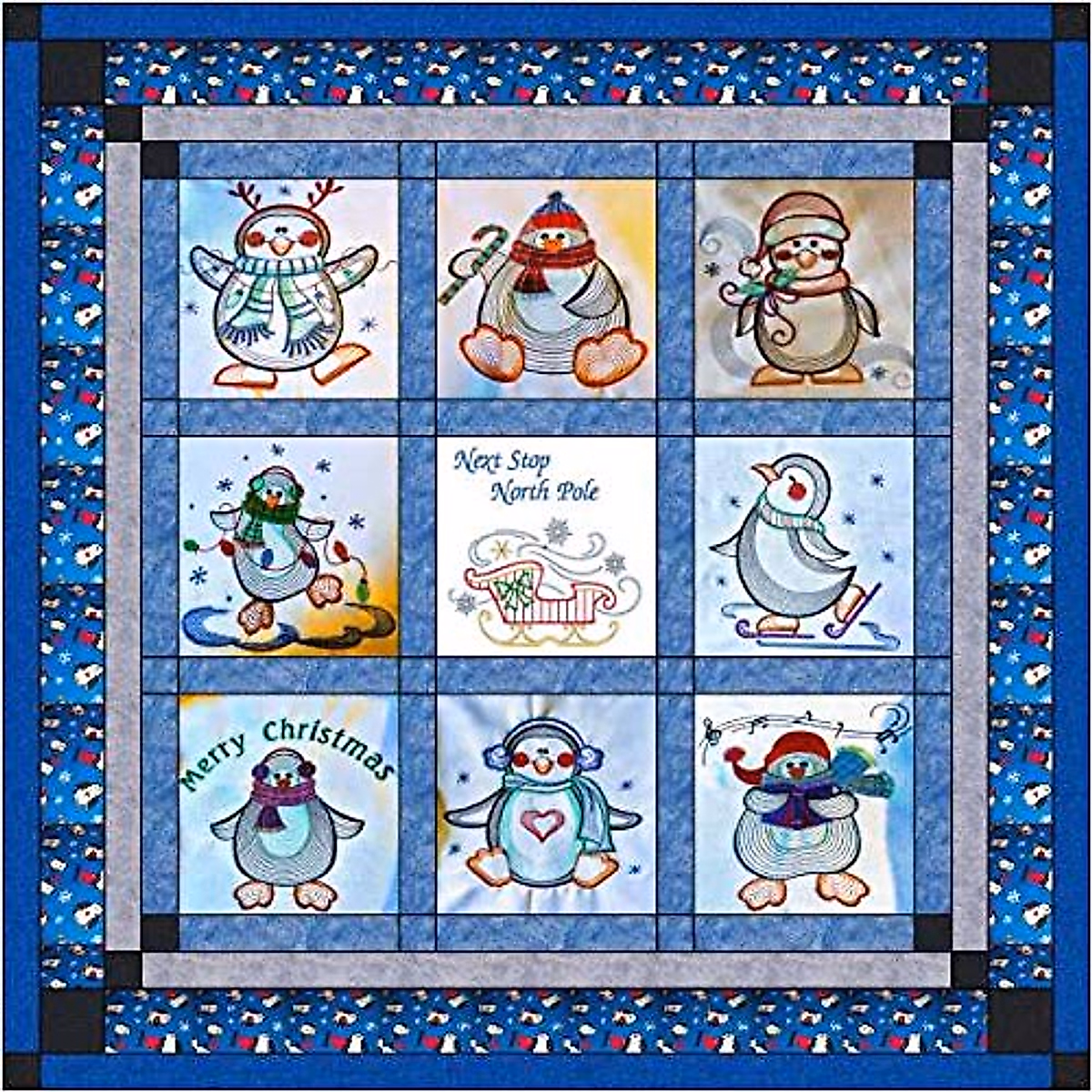 Quilt Kit Christmas Penguins/Pre Cut Ready to Sew/Finished Embroidery
