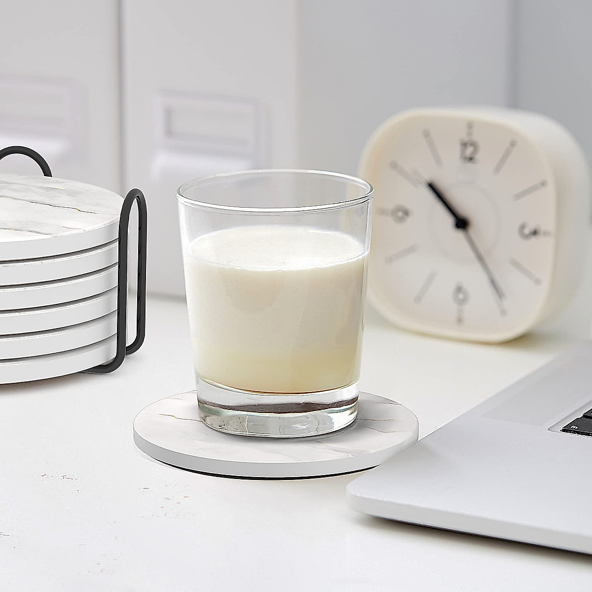 BUYAOBL Absorbent Coasters with Holder, Absorbent Coasters Set 6 Pcs, White Marble Ceramic Agate Drink Coaster Cork Base Cup Coaster for Coffee Table, Housewarming Gift for Women, 4 Inches