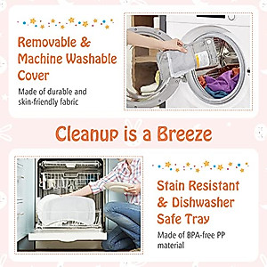 BABY JOY Travel Booster Seat with Double Tray, Folding Portable High Chair Booster Seat for Dining Table, Indoor/Outdoor Use, Camping, Beach, Lawn, Compact Baby Seat with Straps & Carrying Bag