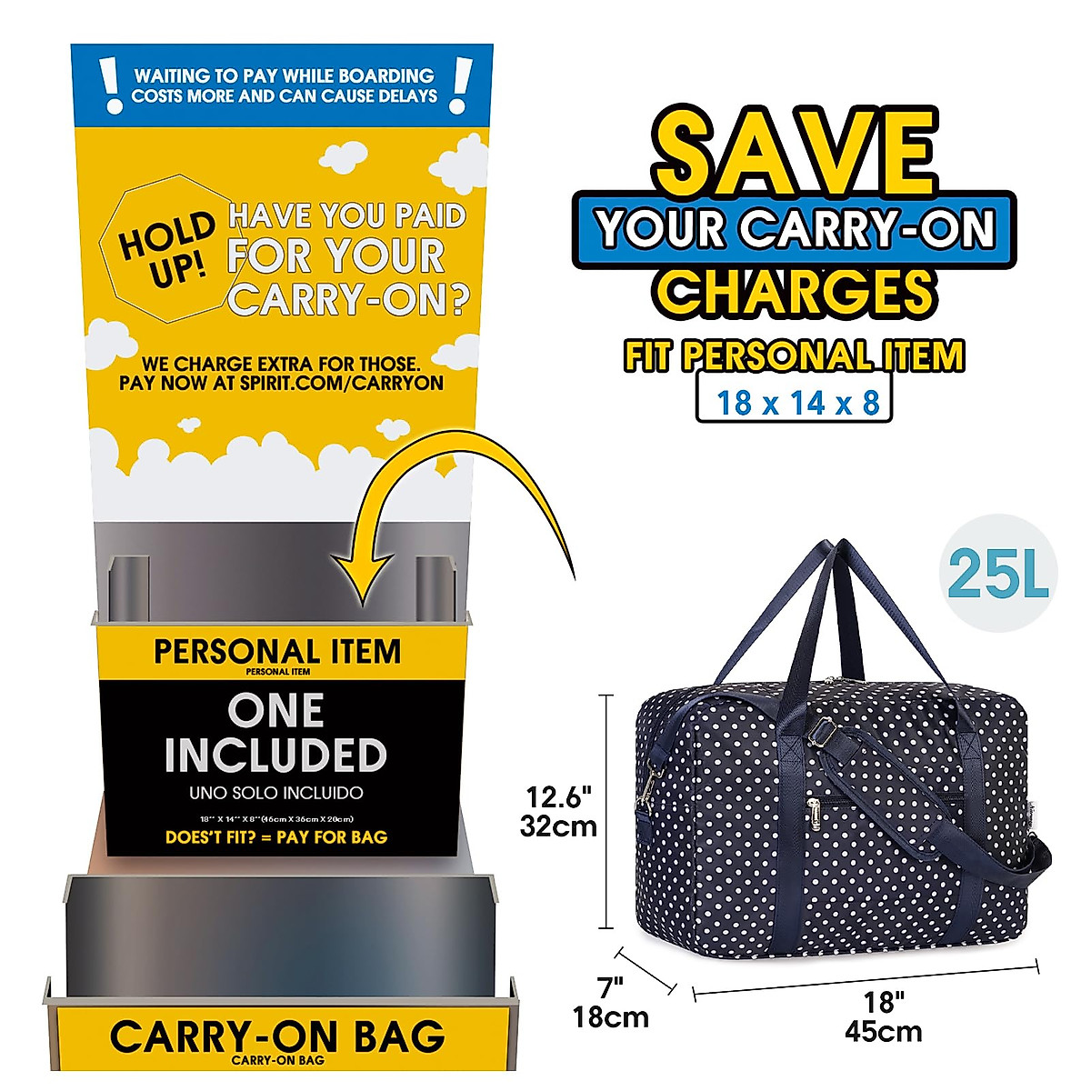 Small Carry On Bag For Spirit Airlines Personal Item Bag 18x14x8 Foldable Travel Duffel Bag Underseat Carry on Luggage for Women and Men 25L (Polka Dot)