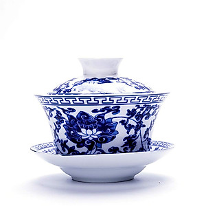 MULHUE Lotus Design Chinese Porcelain Teacups Gaiwan Flower Tureen Tradition Sancai Cover Bowl Lip Cup Saucer Tea Set Loose tea Blooming(320ml)
