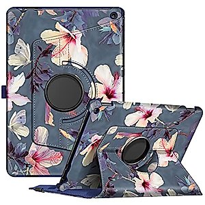 Fintie Case for All-New Amazon Fire HD 10 & Fire HD 10 Plus Tablet (Only Compatible with 11th Generation 2021 Release) - 360 Degree Rotating Swivel Stand Cover Dual Auto Sleep/Wake, Blooming Hibiscus