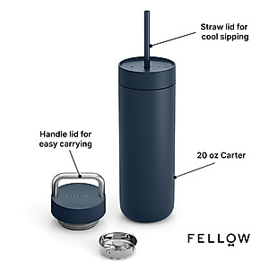 Fellow 20 oz Carter Water Bottle with 2 Lids - Leak-Proof Lid with Metal Handle - Cold Lid with Straw - Ceramic Interior & Vacuum-Insulated Stainless Steel - Stone Blue