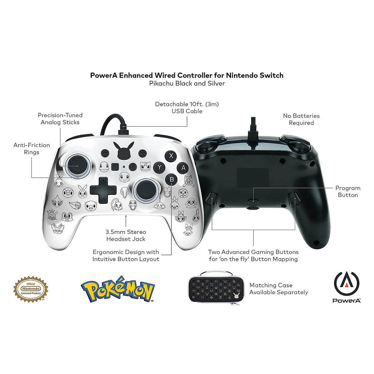 PowerA Enhanced Wired Controller for Nintendo Switch - Pikachu Black & Silver