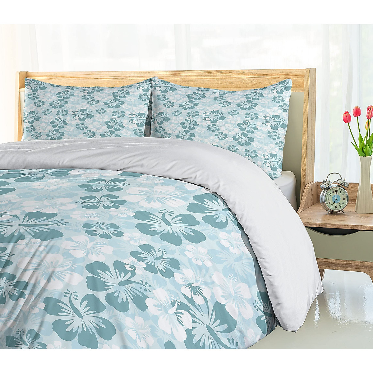 Ambesonne Hawaiian Duvet Cover Set, Rainforest Sea Coasts Palm Trees Happy Times Simple Monochromic Art, Decorative 3 Piece Bedding Set with 2 Pillow Shams, Queen Size, Blue White