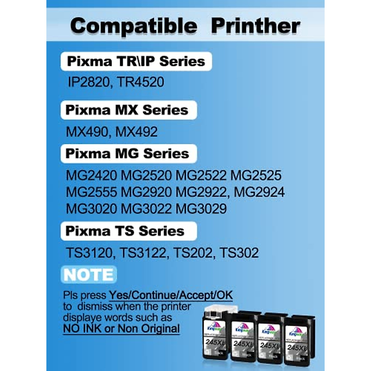 KINGWAY 245XL Black Remanufactured Replacement for Canon 245 Black Ink PG-245 Black 245XL PG-243 Ink Cartridge for Pixma MX490 TS3120 (4-Black)