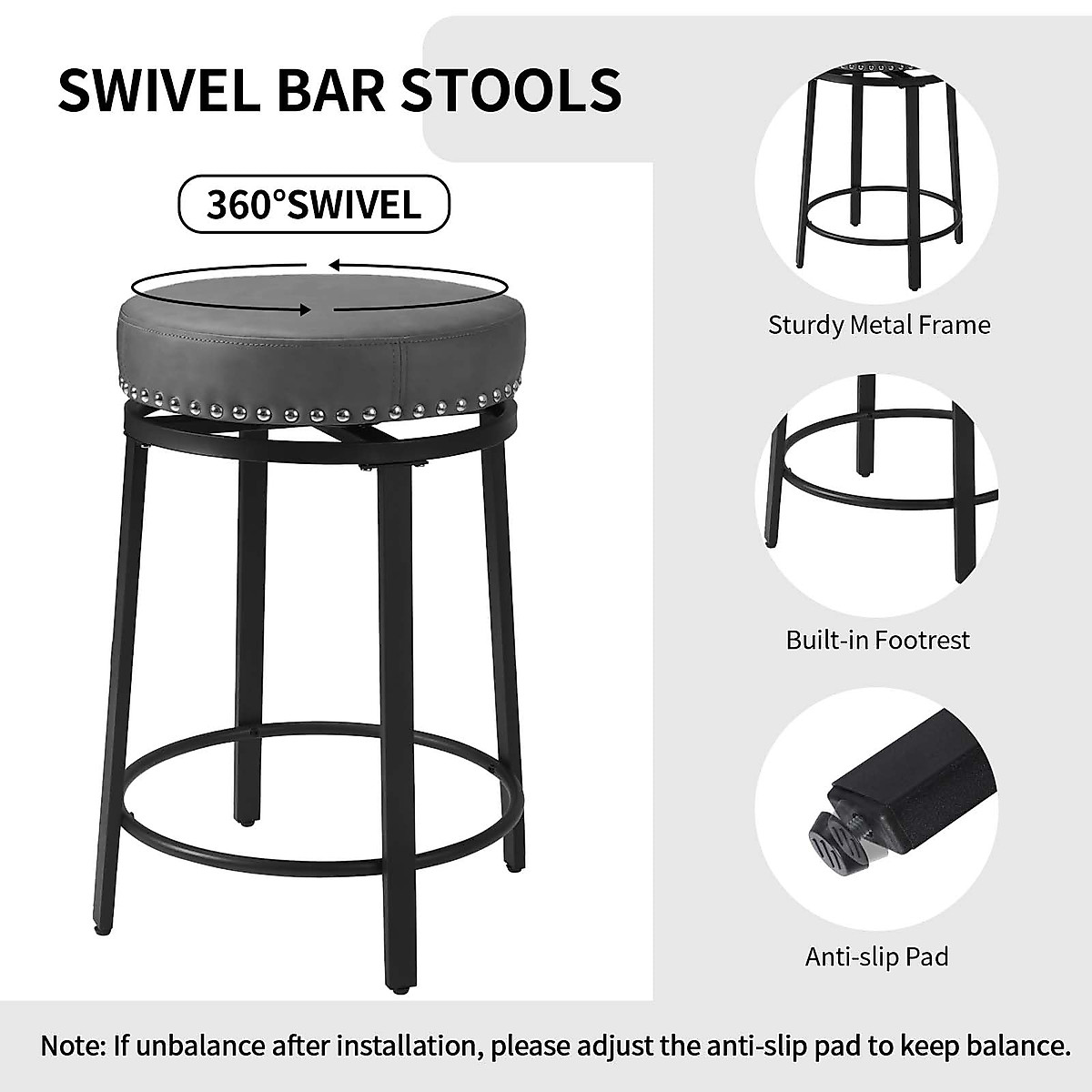 FLYZC Bar Stools Set of 2 Counter Height Swivel Bar Stools Backless Round Barstools 24inch Grey Upholstered Faux Leather Counter Height Stools Counter Stools for Kitchen Counter Island Grey