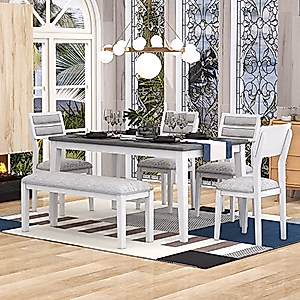 ERYE FANYE Classic Wooden 6-Piece Upholstered Dining Furniture Sets Include 1 Table, 4 Chairs with Soft Cushions and Padded Bench for Home Apartment Kitchen & Dining Room,White+Gray
