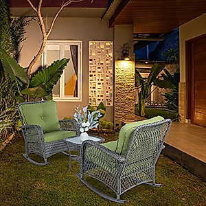 VONZOY Outdoor Rocking Chairs, Wicker Patio Furniture with Green Thickened Cushion for Porch Balcony Deck