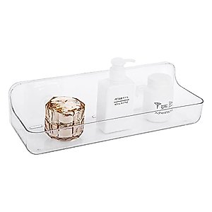 ROSELIFE Sticky Shower Shelf, Sticky Bathroom Basket, Bar Storage Tray, Maxload 13 lb, Punchless, Wall Mounted Storage Saver Rack for Home Kitchen, Bathroom Shower, Clear, Widen