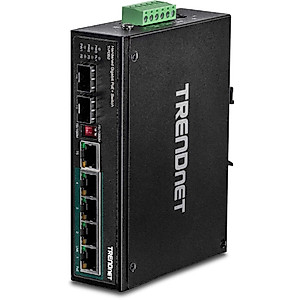 TRENDnet 6-Port Hardened Industrial Gigabit PoE+ DIN-Rail Switch,TI-PG62,4 x Gigabit PoE+ Ports, 1 x Shared Gigabit Port (RJ-45/SFP), 1 x Dedicated SFP, 120 W Power Budget, IP30,(Renewed)