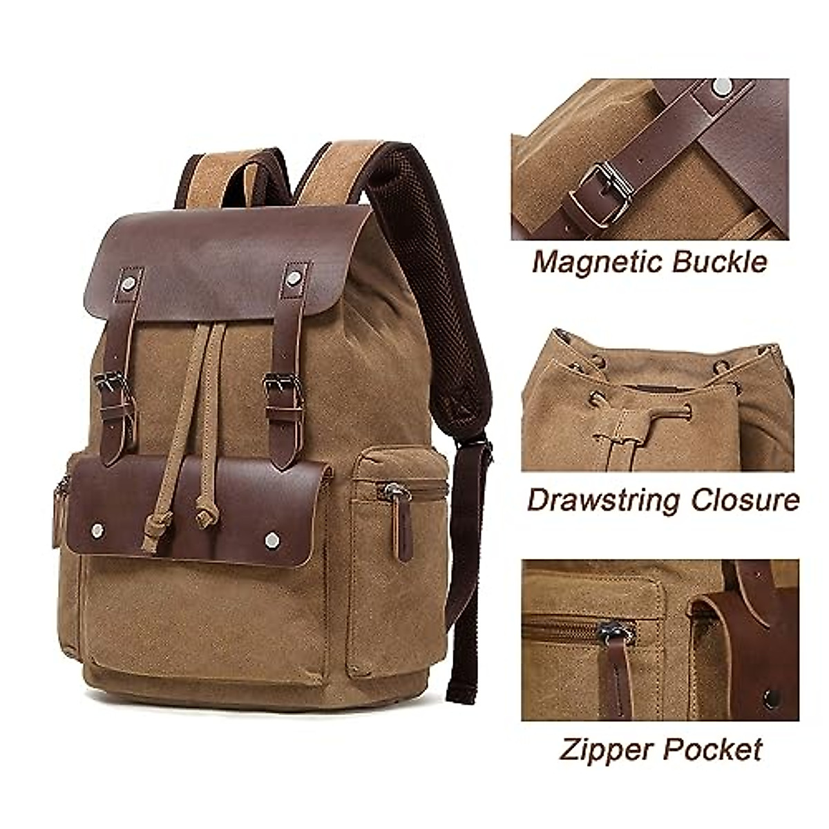 lulusnie Canvas Laptop Backpack Vintage Backpack for Men Women, College Computer Backpack Fits 15.6 Inch Laptop, Vegan Leather Daypack Work Travel Bookbag, Brown