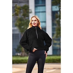 XWEAIJ Cropped Black Hoodies Oversized Sweatshirt Cute Clothes for Teen Girl Quarter Zip Pullover Women Casual Fleece Lined Thumb Hole Black Small