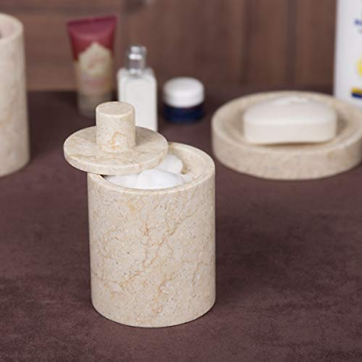 Natural Champagne Marble Inverary Collection Cotton Ball Swab Holder Bathroom Storage Jar Container Organizer, 3.5" Diam. x 4.2" H, Beige