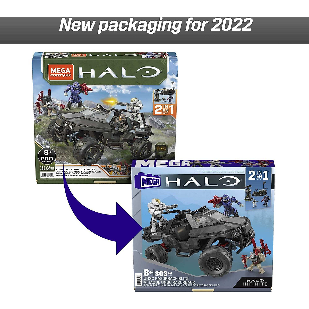 Mega Halo Infinite Toy Car Building Toys Set, UNSC Razorback Blitz Vehicle with 303 Pieces, 4 Micro Action Figures and Accessories, Gift Ideas
