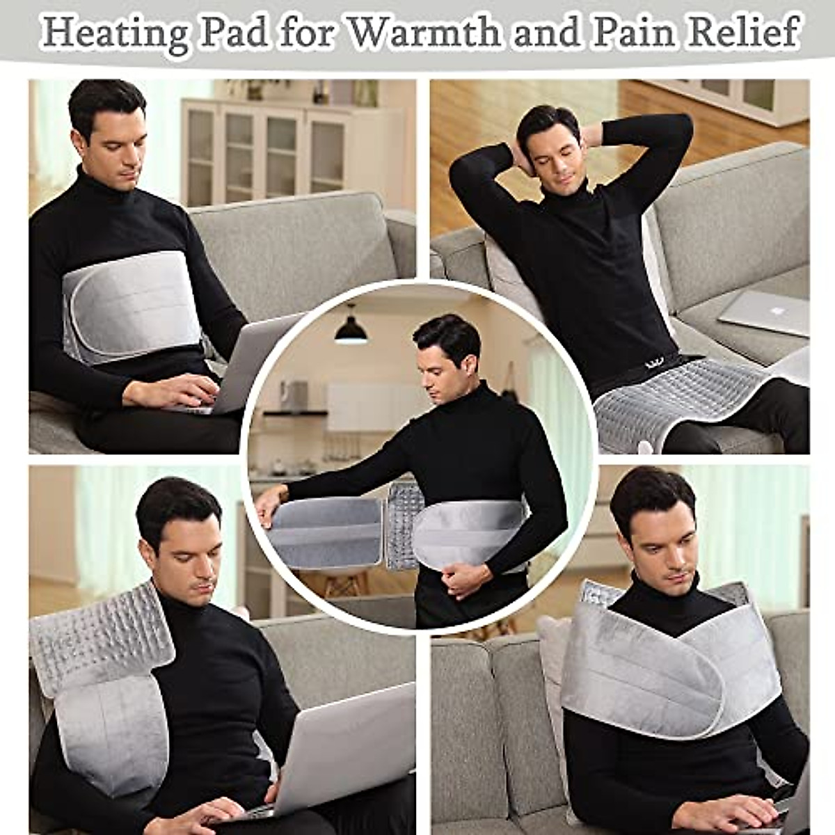 Lumbar Heating Pad for Back Pain Relief,55" x 12" XL Electric Electric Heat Pads with Belt,with 6 Heat Level Settings,4 Time Settings, Auto Shut Off (Light Grey)