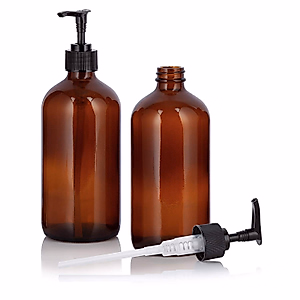 8 oz Amber Boston Round Thick Glass Bottle with Black Lotion Pump (2 Pack) + Label
