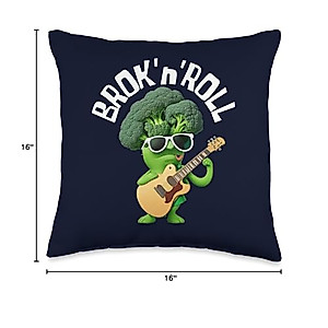 Rocking Broccoli Playing Guitar Gift & Tees Broccoli Rock Music Pun Veggie Vegetable Vegetarian Throw Pillow, 16x16, Multicolor