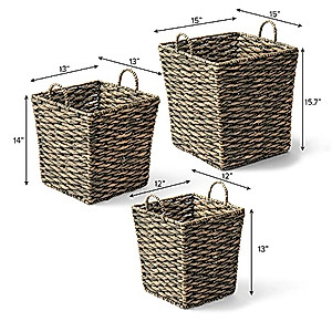 Artera Oversize Wicker Storage Basket - Set of 3 Woven Water Hyacinth Blanket Baskets with Handle, Natural Nesting Floor Storage Bins for Living Room, Bedroom or Laundry Room (Style 1)