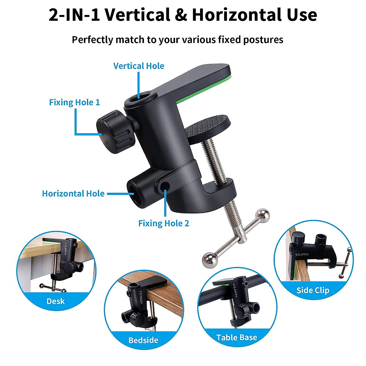 2-IN-1 Table Mount Clamp, LILANZo Heavy-Duty Metal Mic Clamp Holder for Microphone Suspension Boom Scissor Arm Stand Holder & Overhead Phone Mount Stand, Fits up to 1.97"/5cm Desktop Thickness