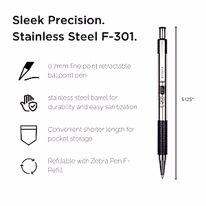 Zebra Pen F-301 Retractable Ballpoint Pen, Stainless Steel Barrel, Fine Point, 0.7mm, Black Ink, 12-Pack