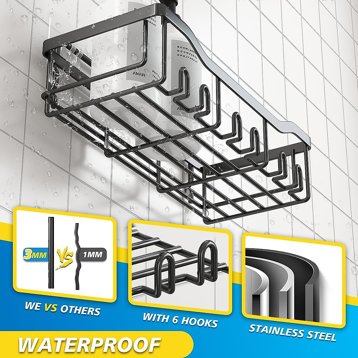 5-Pack Shower Caddy, No Drilling, Strong Adhesive Mount, Large Capacity, Rustproof Stainless Steel, Black.