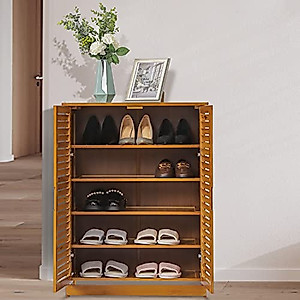 MoNiBloom 5 Tier Shoe Storage Cabinet with Shutter Doors, Bamboo Shoe Floor Storage Organizer Rack for 11-15 Pairs Entryway Hallway Mudroom, Brown