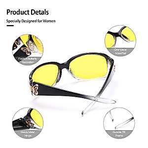 LVIOE Polarized Night Vision Glasses for Women, Yellow Tinted Glasses with Butterfly Decoration for Night Driving