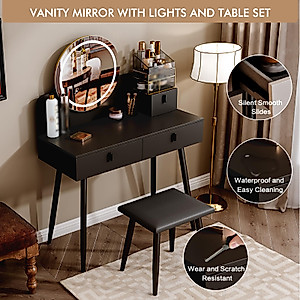 DOLILO 35" Vanity Desk with Mirror and Lights, Makeup Vanity with Lights, 3 Modes Brightness Adjustable, Vanity Mirror with Lights and Table Set with Vanity Stool 3 Sliding Drawers (Black)
