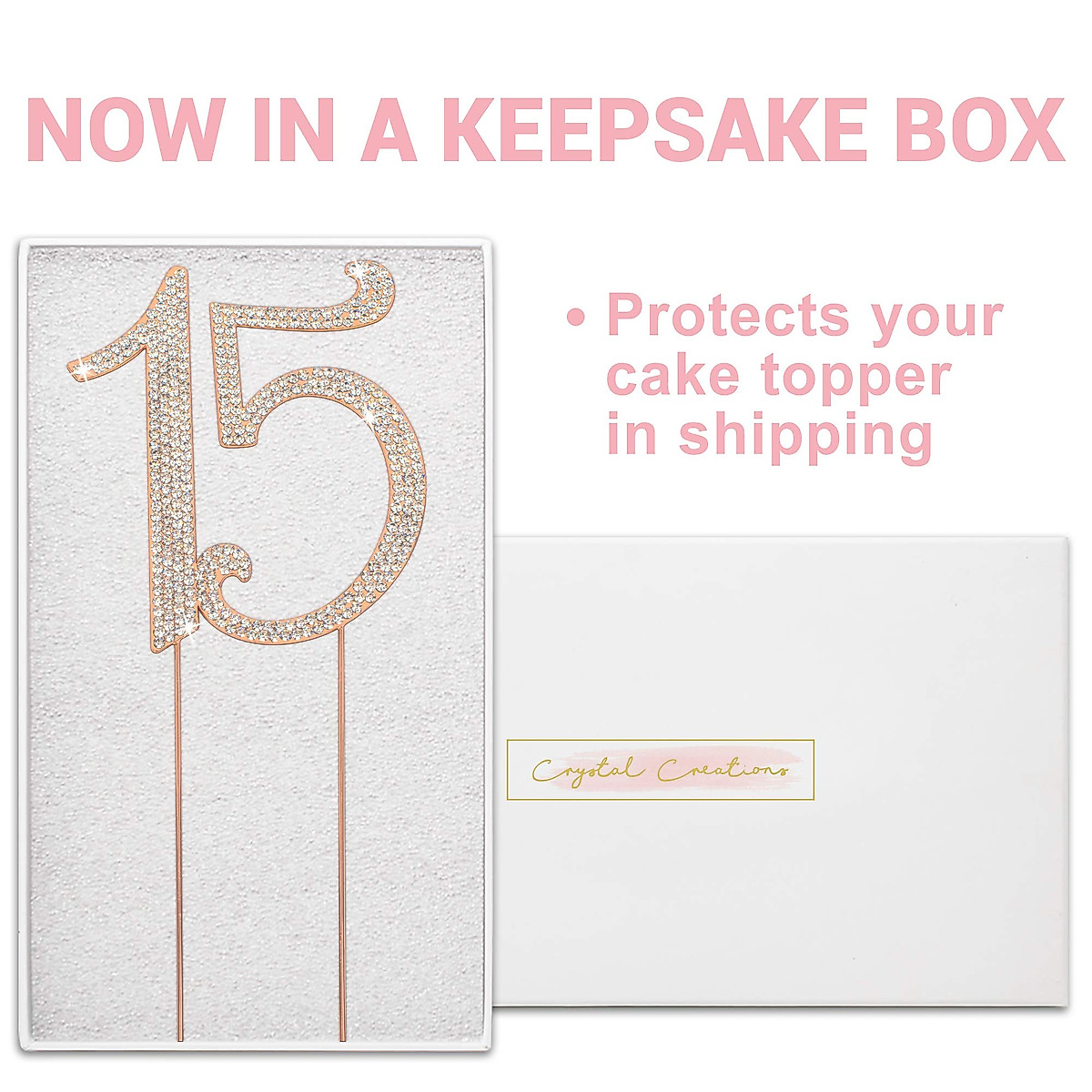 15 Cake Topper - Premium Rose Gold Metal - 15th Birthday or Anniversary Party - Sparkly Rhinestone Quinceanera Cake Topper Decoration Makes a Great Centerpiece - Now Protected in a Box