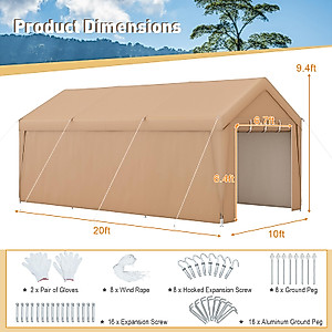 Tangkula 10x20 Ft Heavy-Duty Carport, Portable Garage Tent with Galvanized Steel Frame, Removable Sidewall & 2 Roll-up Zippered Door, Outdoor Car Canopy Shelter for Car, Truck, SUV, Boat