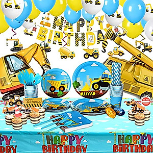 Construction Birthday Party Supplies Set For Boys - 24 Guests – Dump Truck And Tractor Party Decorations, Paper Plates Cups Napkins Straws Balloons Cutlery Toppers Banners Tablecloth