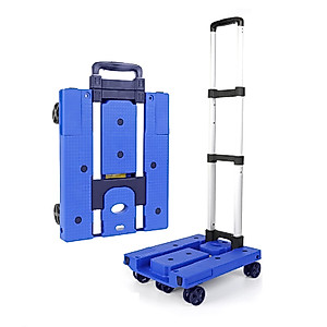 Generic Hand Trucks Folding Hand Truck, Car Luggage Transport Trolleys, 60kg Capacity Heavy Duty 4-Wheel 360° Rotating Cart, Easy to Store (Color : Blue) (Blue)