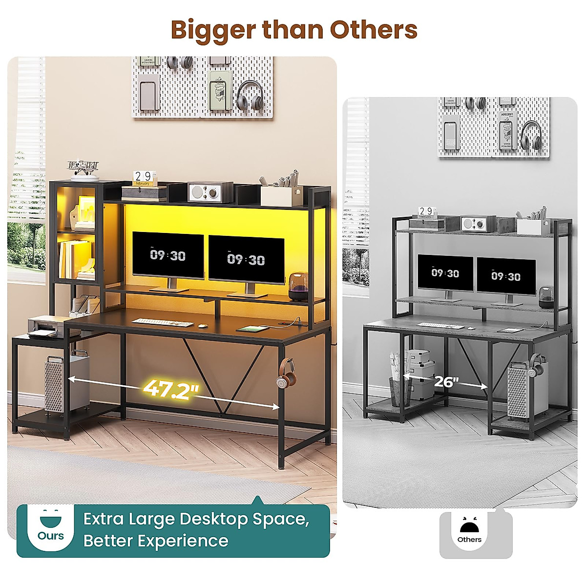 SEDETA Gaming Desk, 60'' Gaming Desk with Hutch and LED Lights, Computer Desk with Storage Shelves, Large PC Gamer Desk with Display Cabinet, Monitor Stand, Power Outlet for Home Office, Black