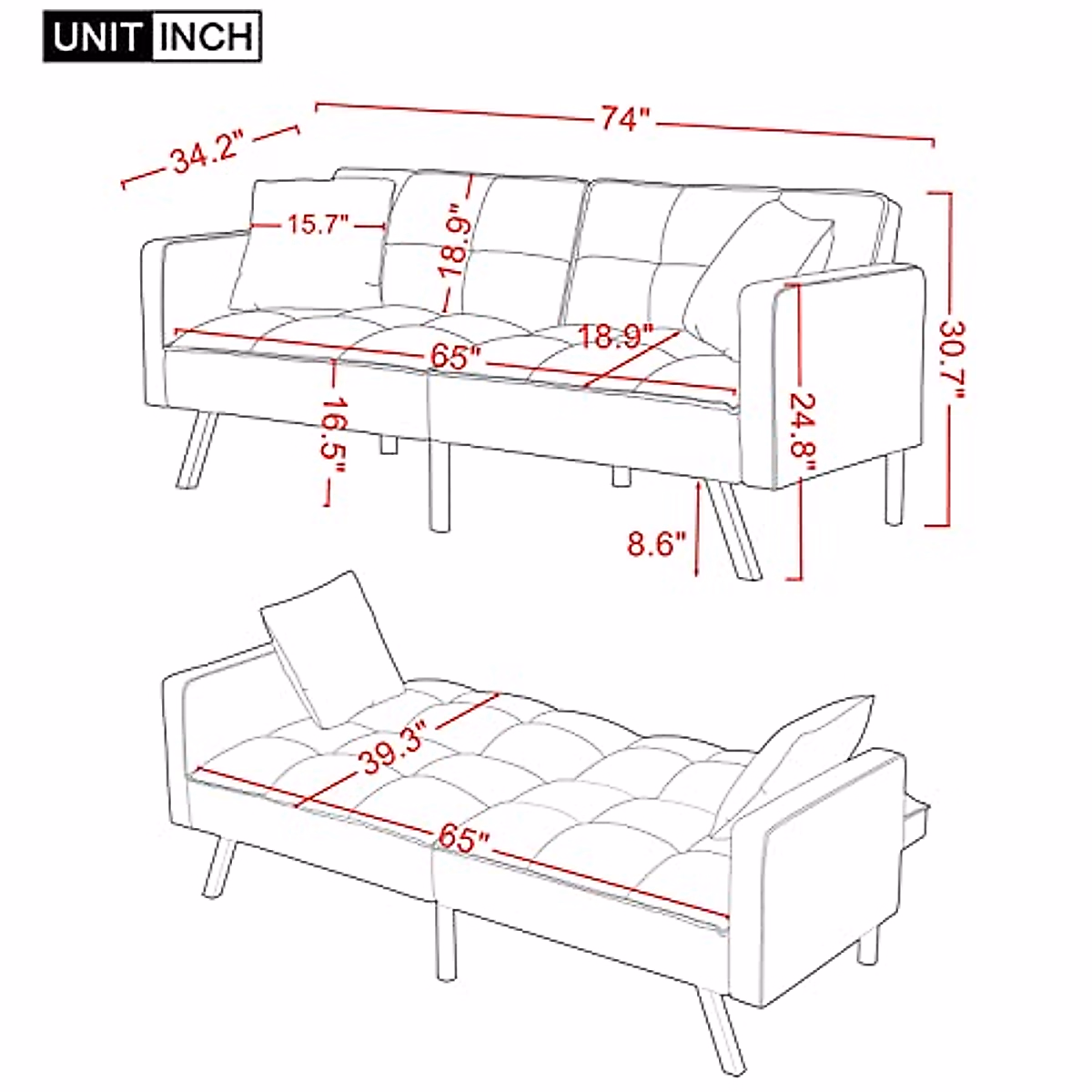 Velvet Convertible Futon Sofa Bed with Two Pillows, Modern Upholstered Sleeper Sofa Couch with 3 Adjustable Backrests and 6 Solid Metal Legs, Twin Size Loveseat Recliner for Living Room (Off White)